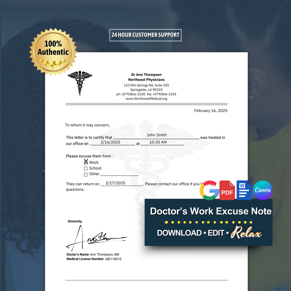 Printable Doctors Work Note Template, Editable Work Excuse Note with Dr ...