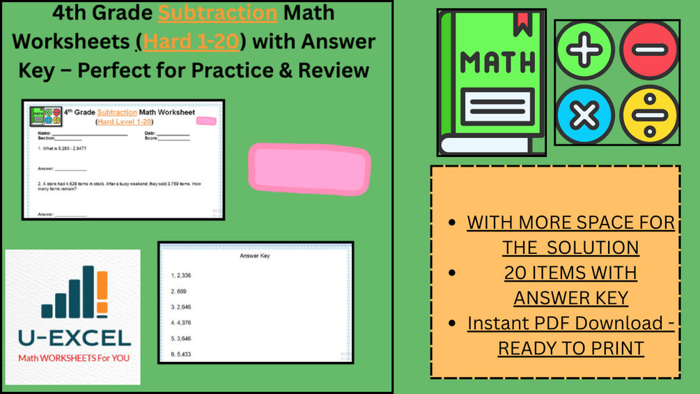 4th Grade Subtraction Math Worksheets Hard with answer key - Perfect ...