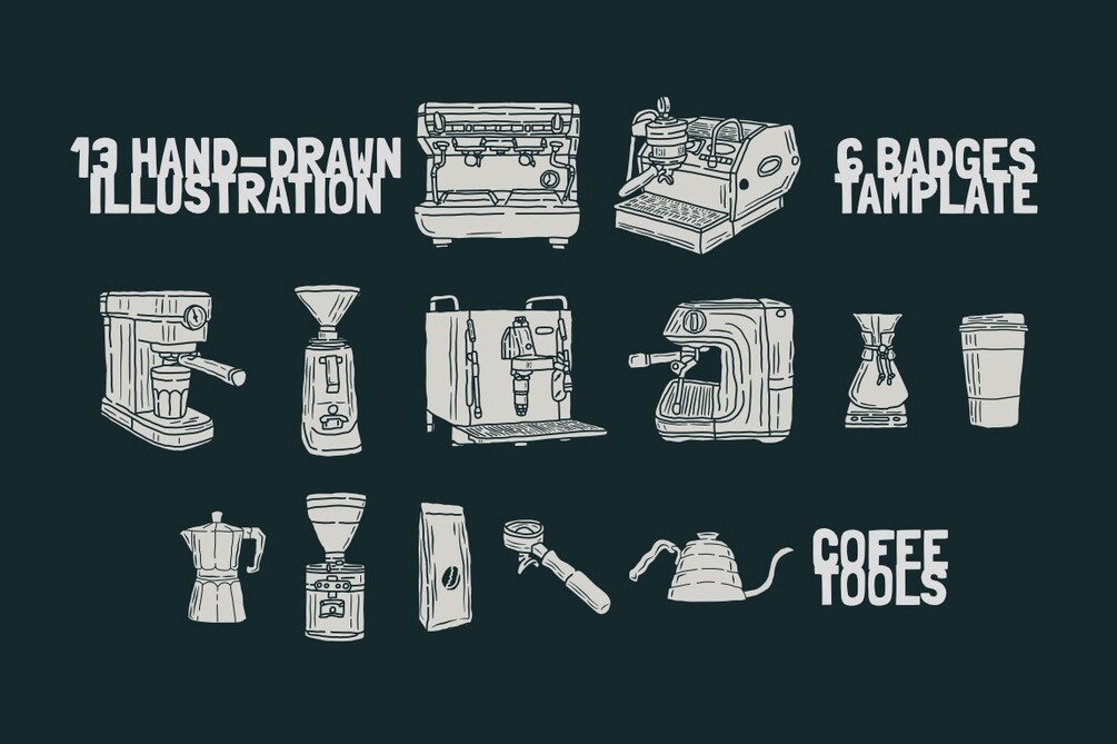 Coffee Tools Hand-drawn Illustrations and Badges