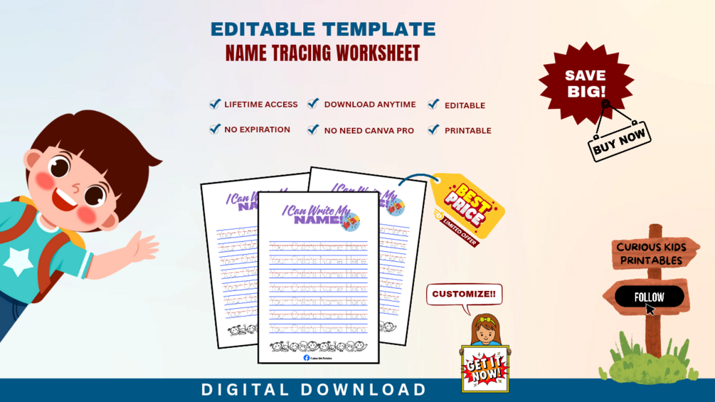 EDITABLE NAME TRACING WORKSHEET (CANVA TEMPLATE)