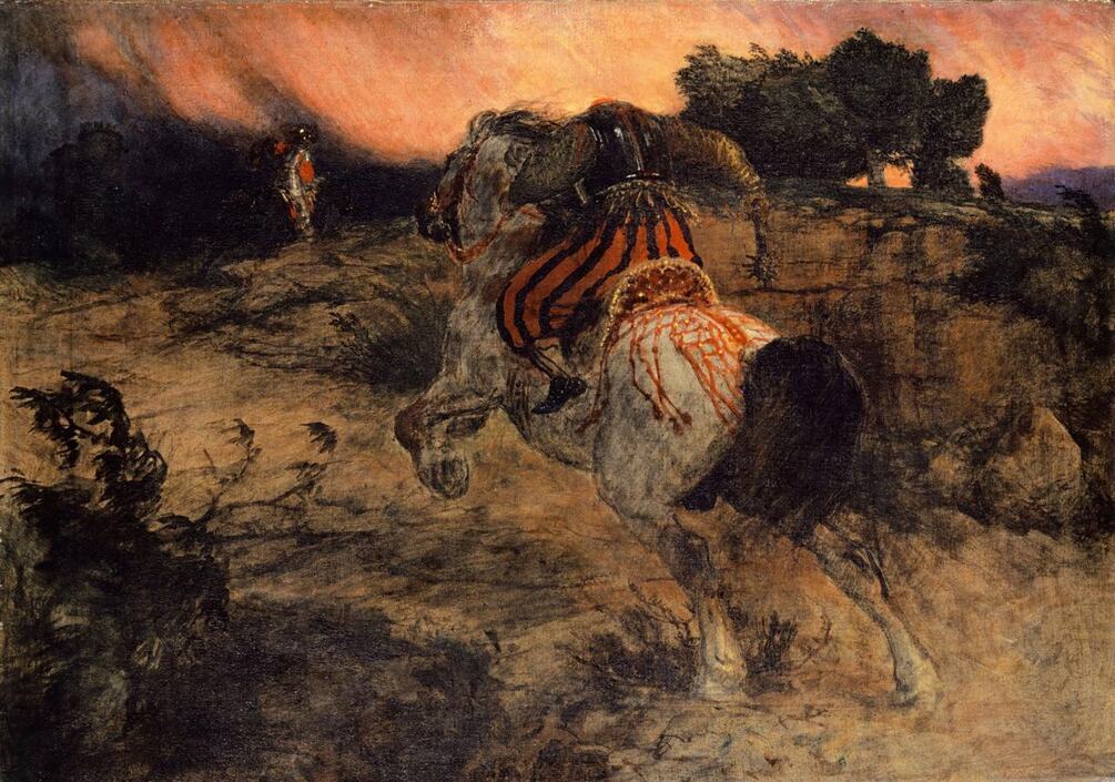 Astolf Riding Away with the Head of Orill by Arnold Bocklin