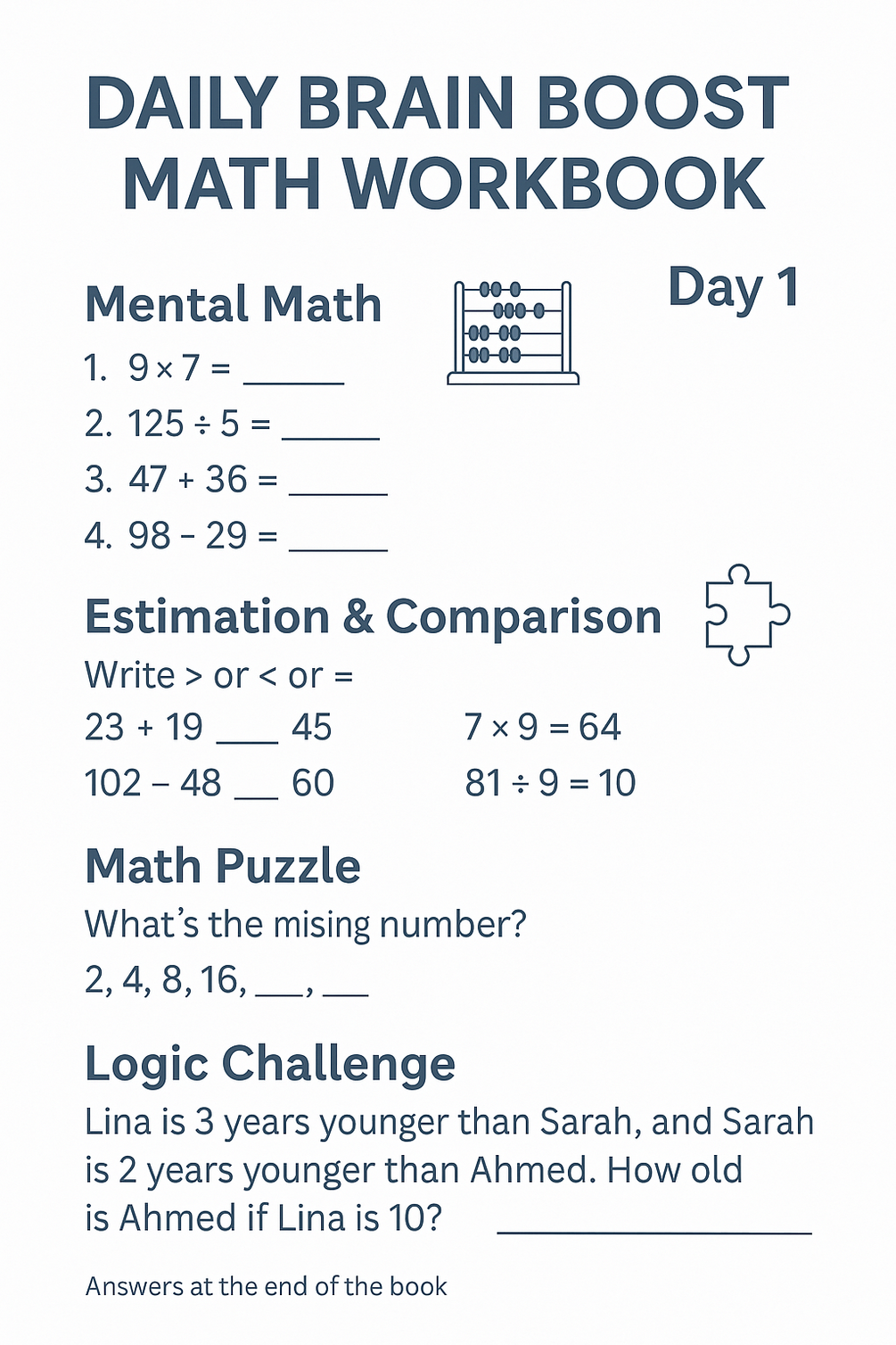 Daily Brain Boost – Math Workbook (Day 1) [FREE]