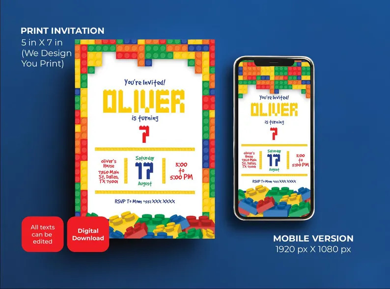 Building Blocks Birthday Invitation Building Bricks Kids Birthday Party ...