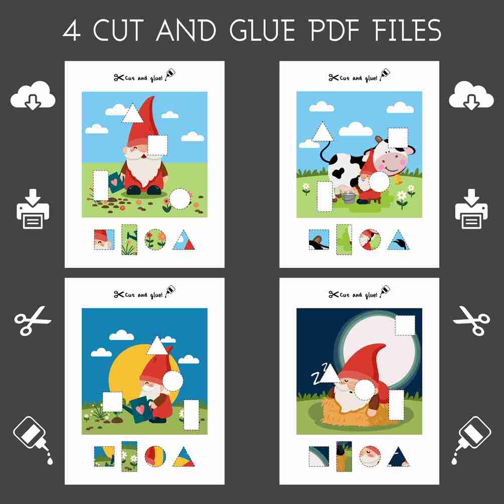 Printable Worksheets | Four Adorable Pages for Cutting and Glue | Shape ...