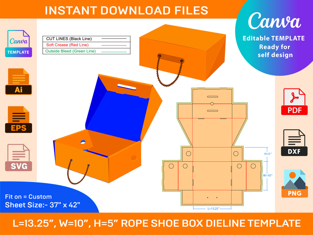Large Size Rope Handle Shoe Box Dieline Template