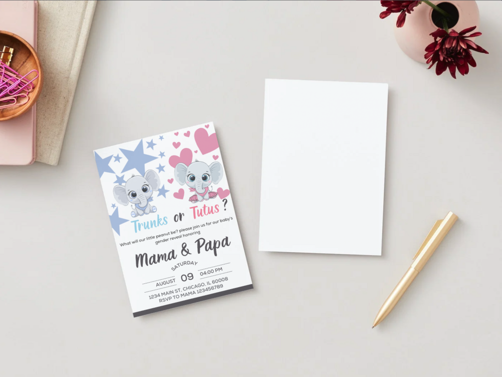 Trunks or Tutus Invitation Reveal Gender