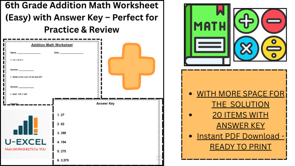 6th Grade Addition Math Worksheet (Easy) with answer key – Perfect for ...