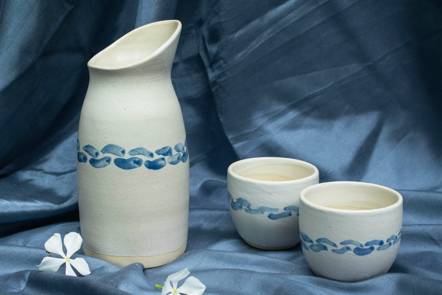 White Blue Ceramic Water Jug and Cups Set