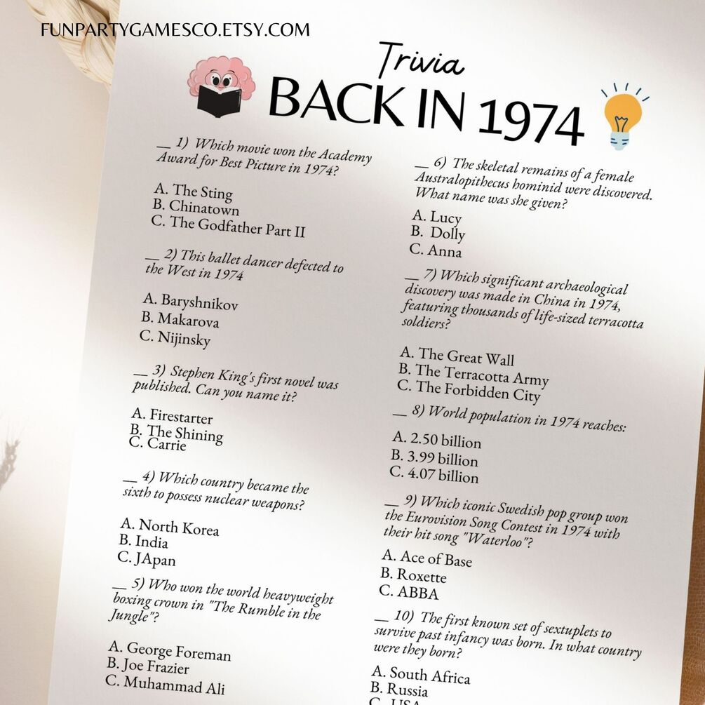 Back in 1974 Trivia Game