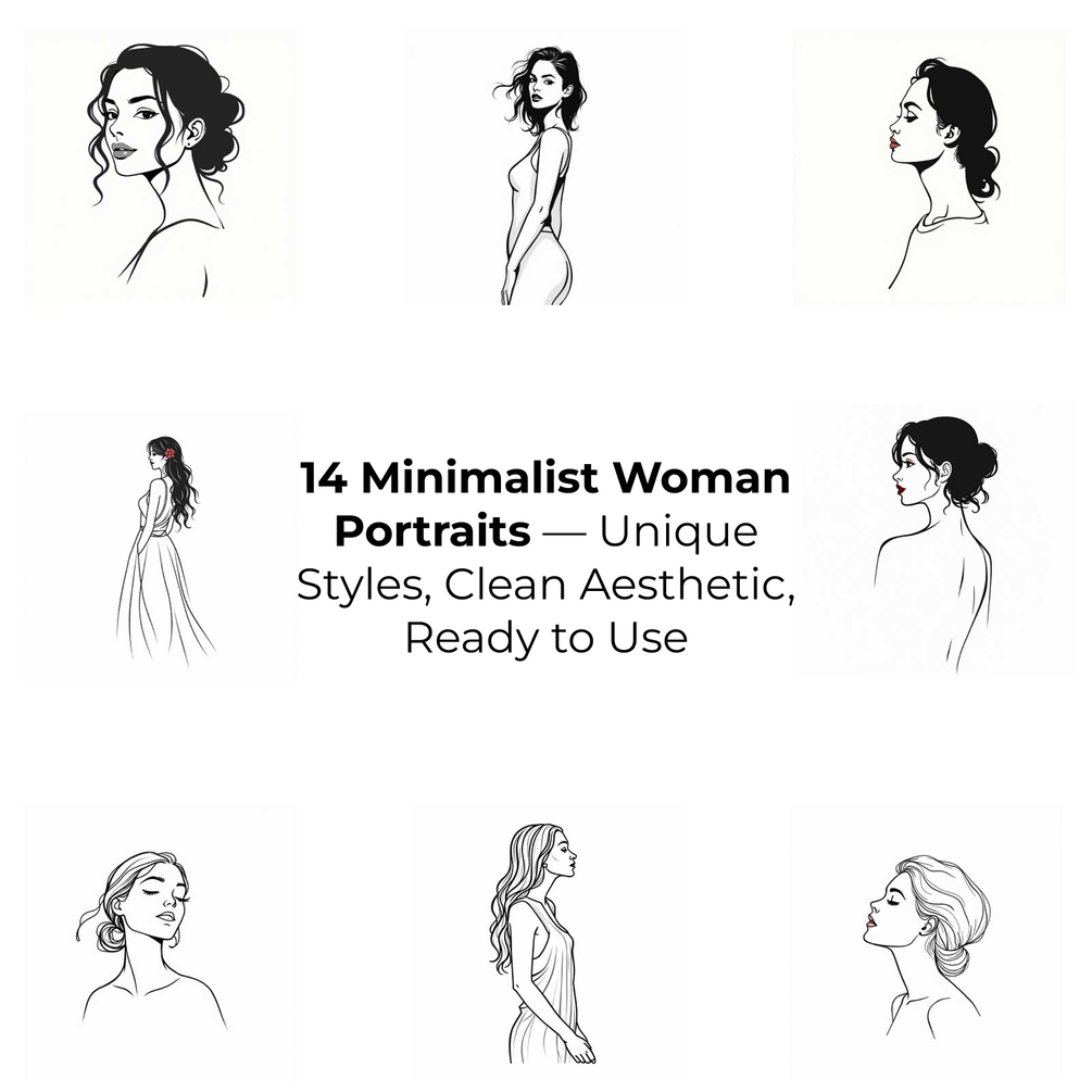 14 Minimalist Woman Portraits – Aesthetic Line Art Pack