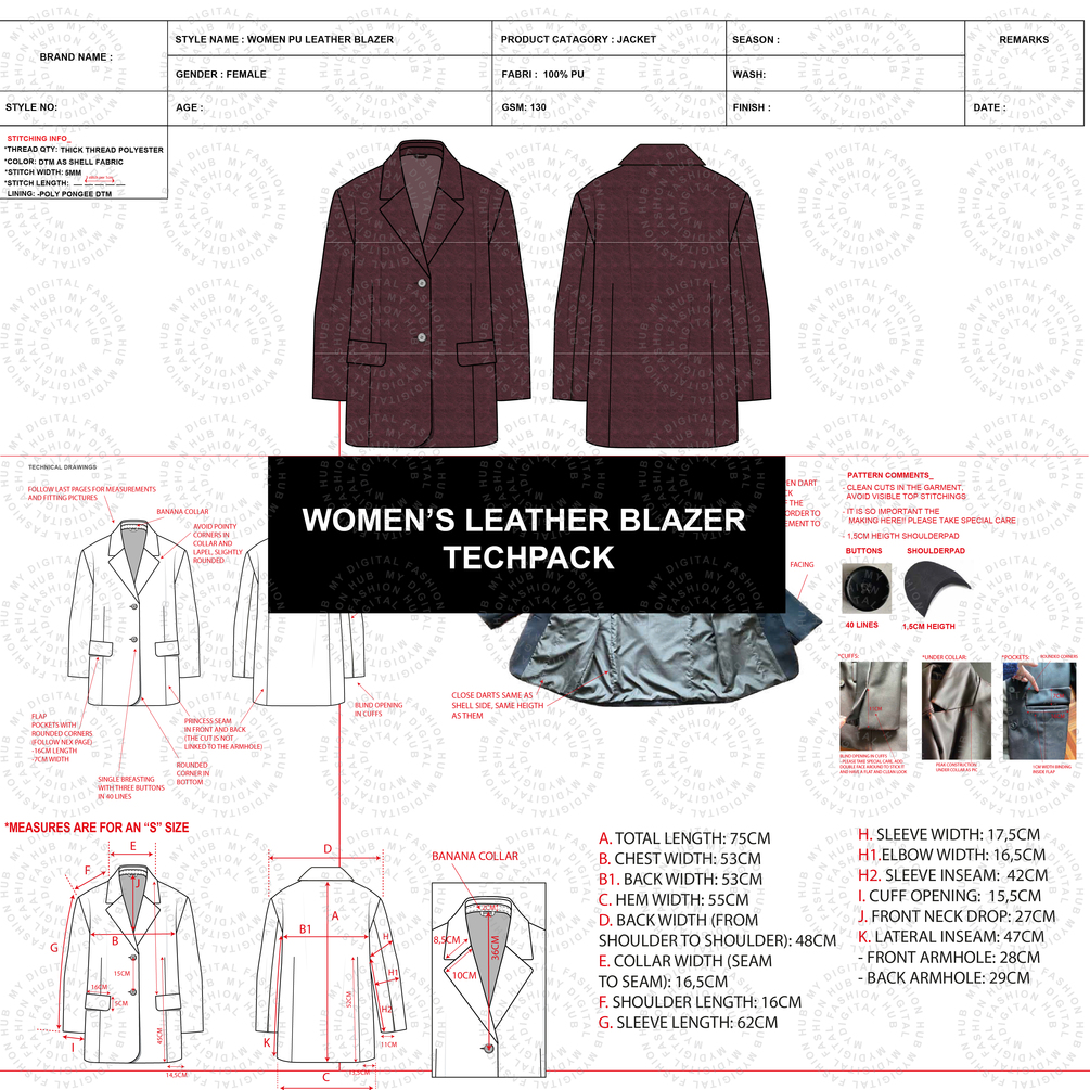 Women’s PU Leather Blazer Tech Pack | Editable Vector Fashion Template