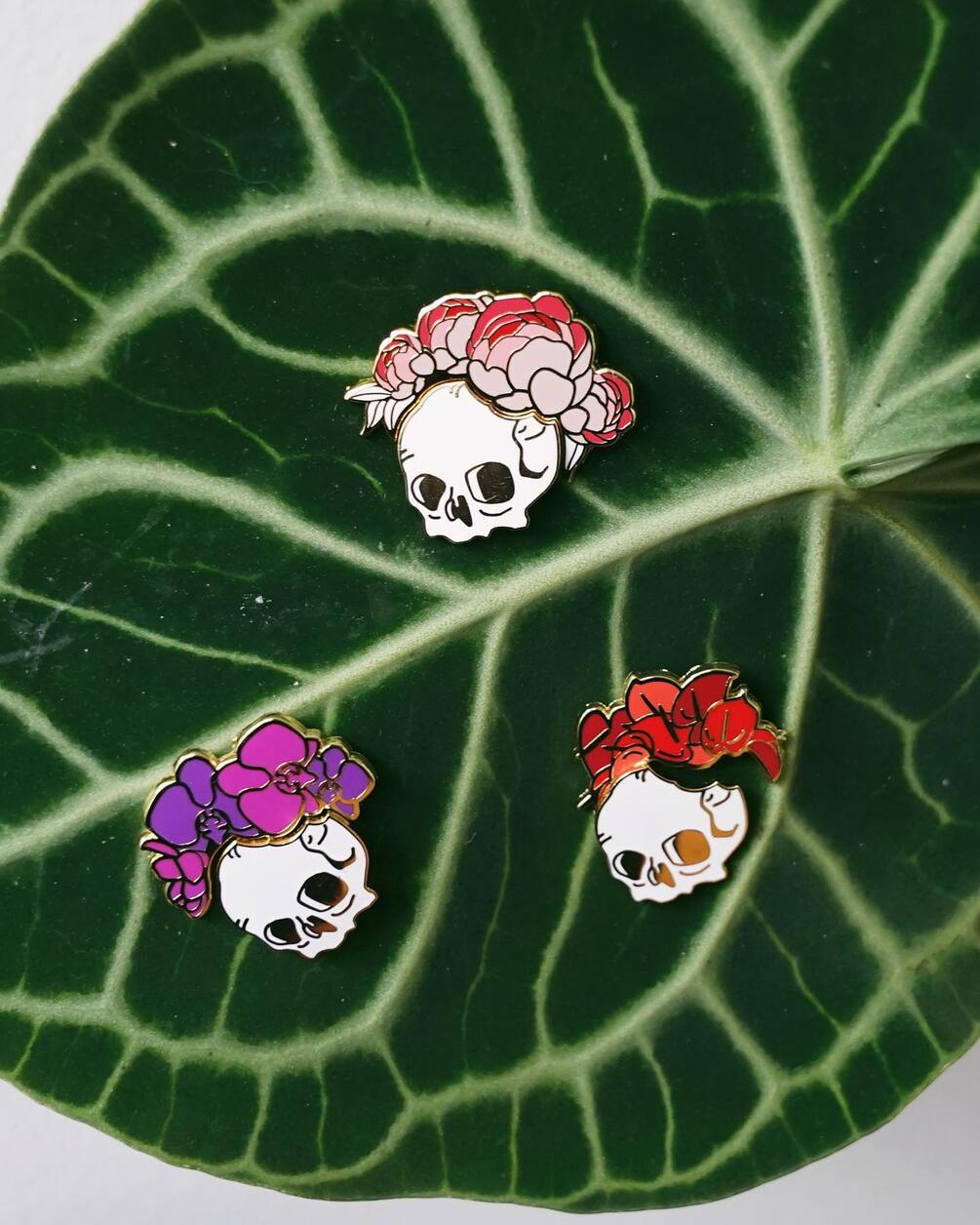 Trio Floral Skull Pin Set