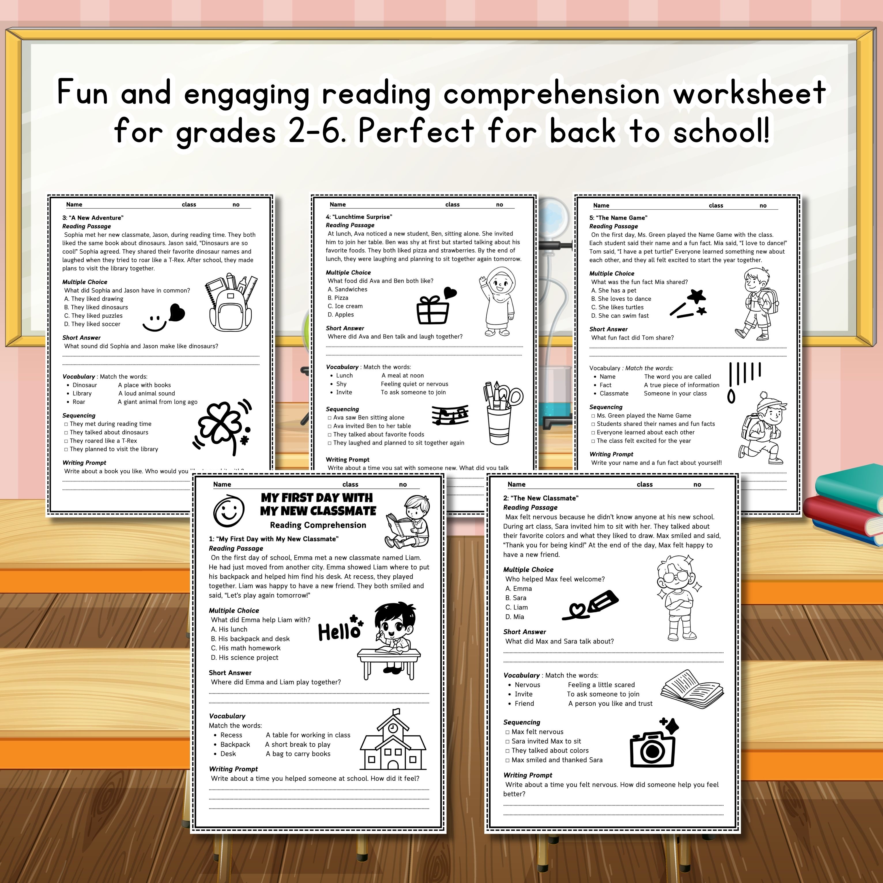 My First Day with My Classmate Reading Comprehension Worksheets for ...