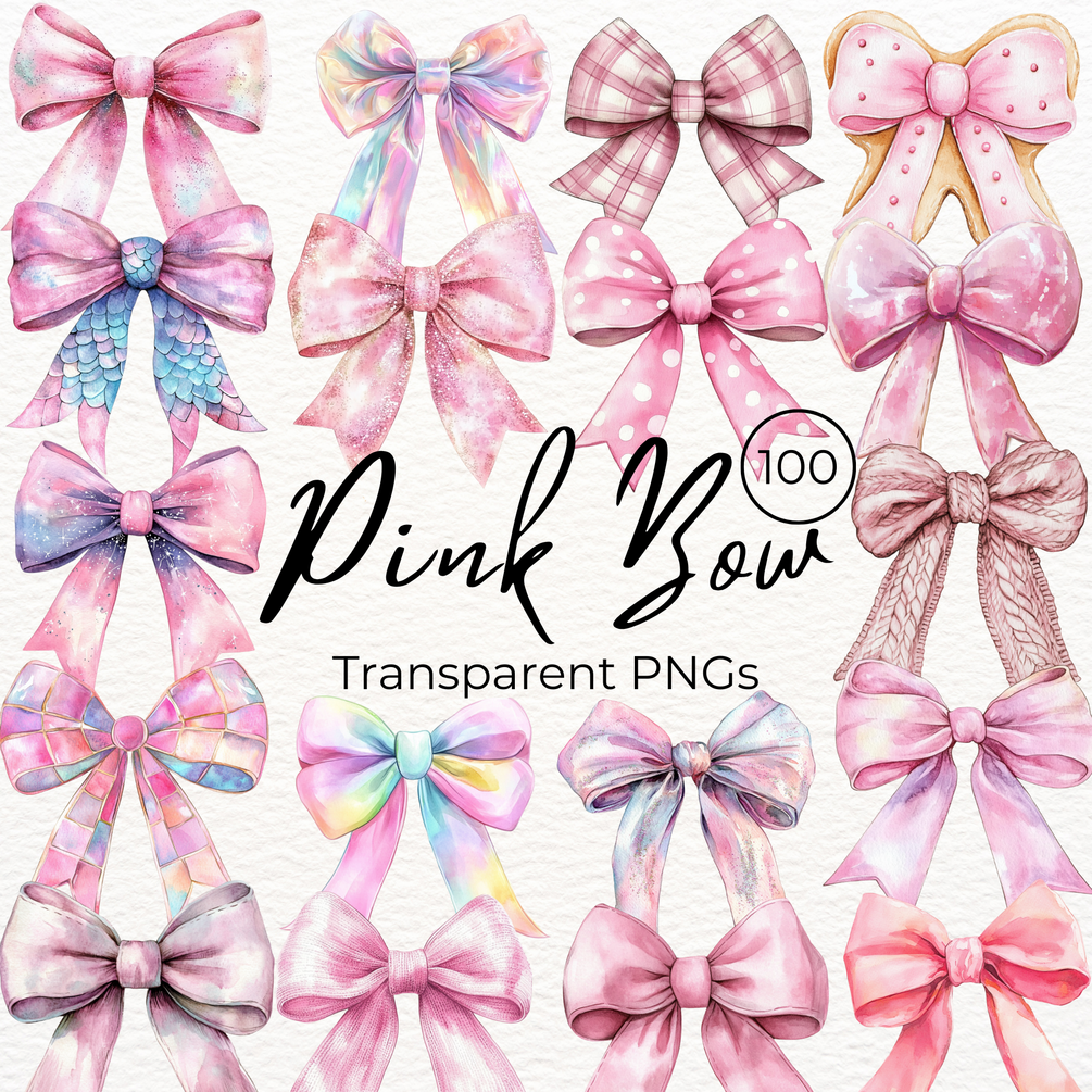 Pink Bow - 100 Cliparts Bundle - 300DPI - Commercial Use - Pink Bow ...