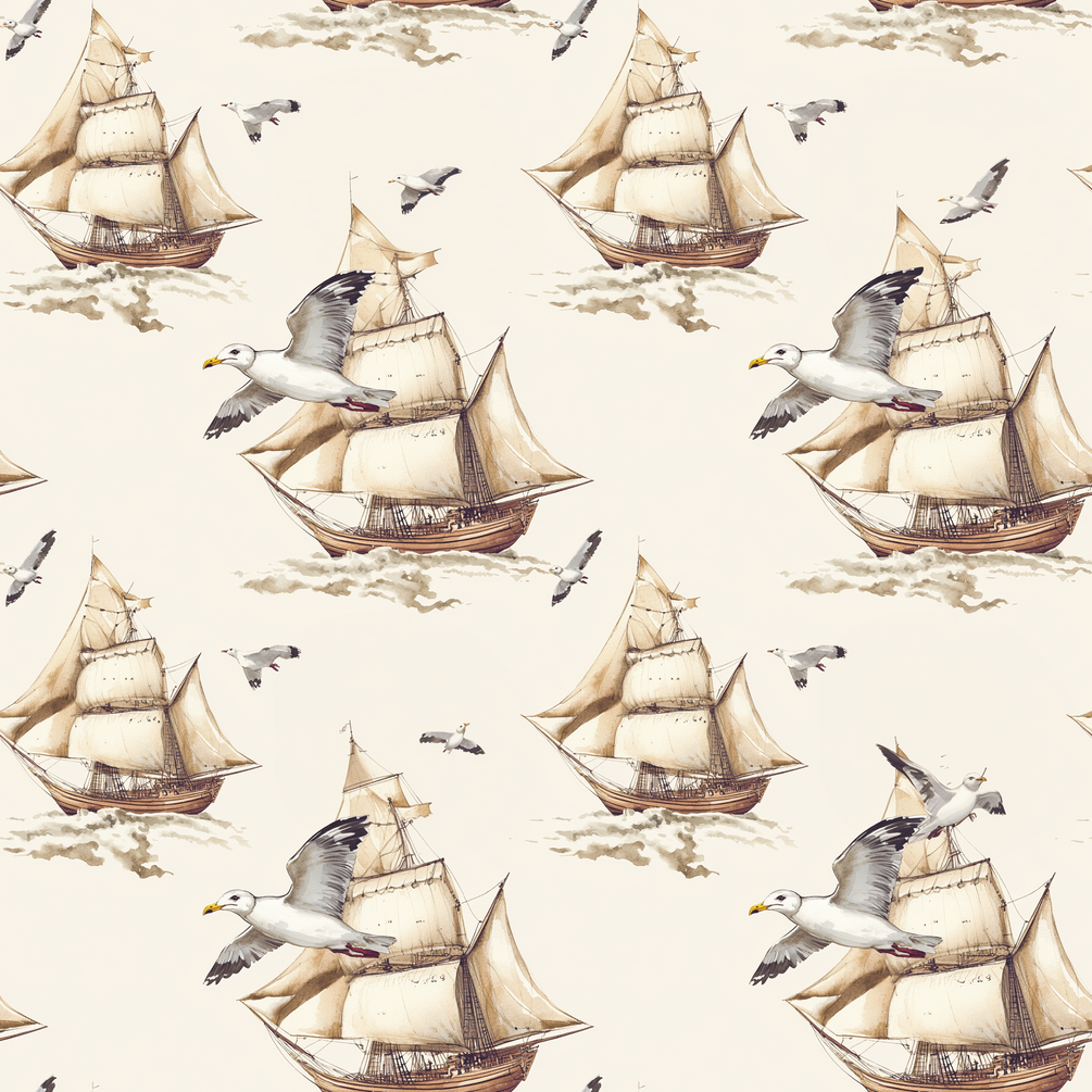 Large Quirky Repeating Vintage Animal Patterns - Seagull & Ship Beige