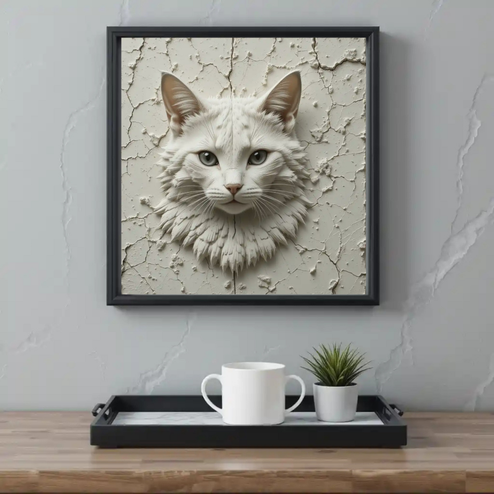 Textured White Cat Head Relief – Digital Wall Art download