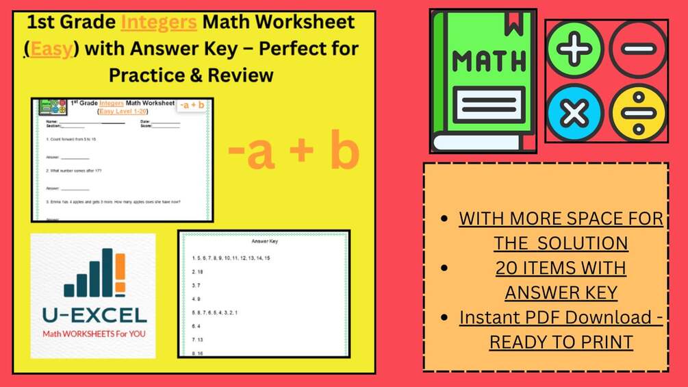 1st Grade Integers Math Worksheets Easy with answer key - Perfect for ...