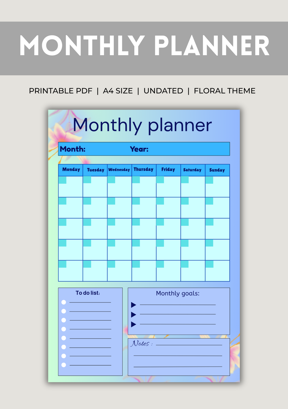 Monthly Planner | Printable PDF | Sunday & Monday start | A4 Size