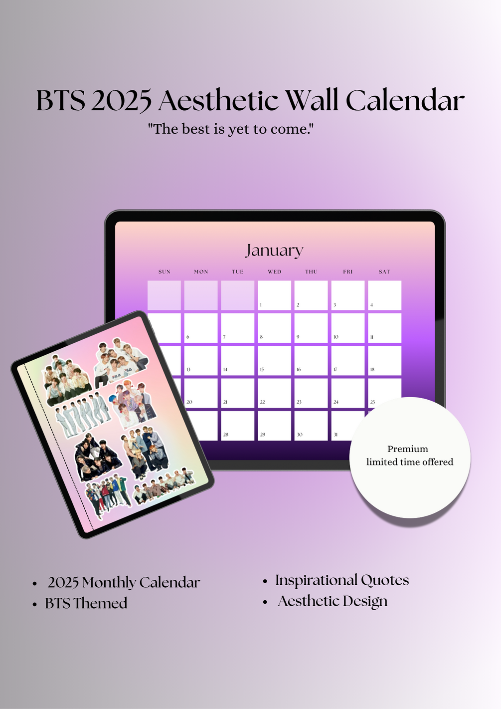 BTS 2025 Aesthetic Wall Calendar: Inspirational Quotes & Monthly Views
