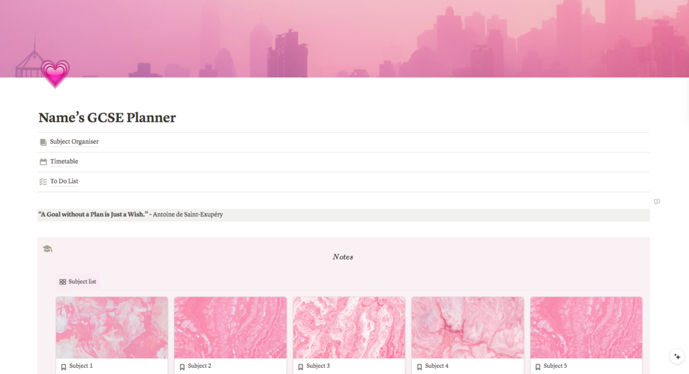 GCSE Pink Theme Notion Template