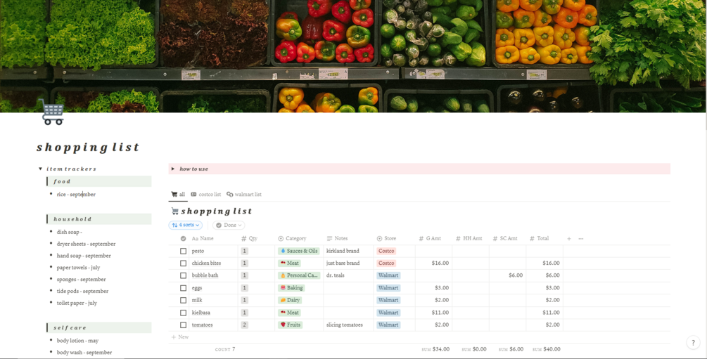 notion template | shopping list