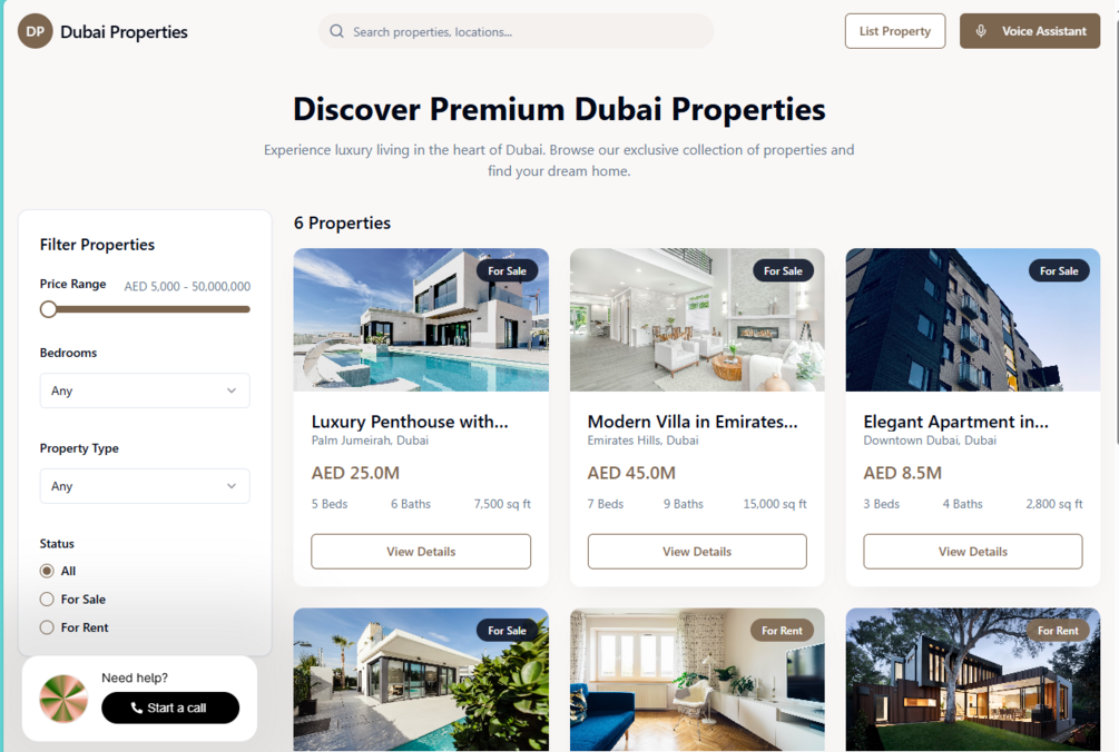 Premium Real Estate Properties Website Template – React + Tailwind + ElevenLabs AI Chat
