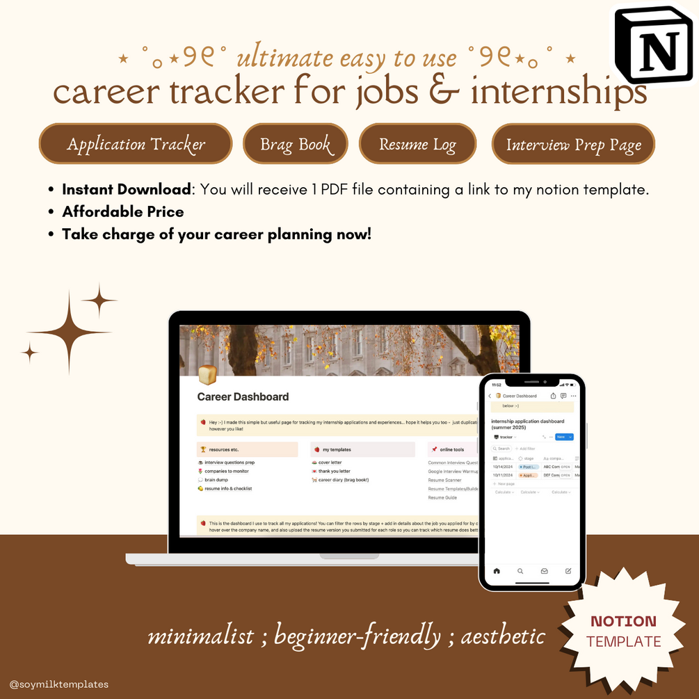 FREE CAREER Tracker Notion Template - Includes Application Dashboard; Internship/Job Diary ...
