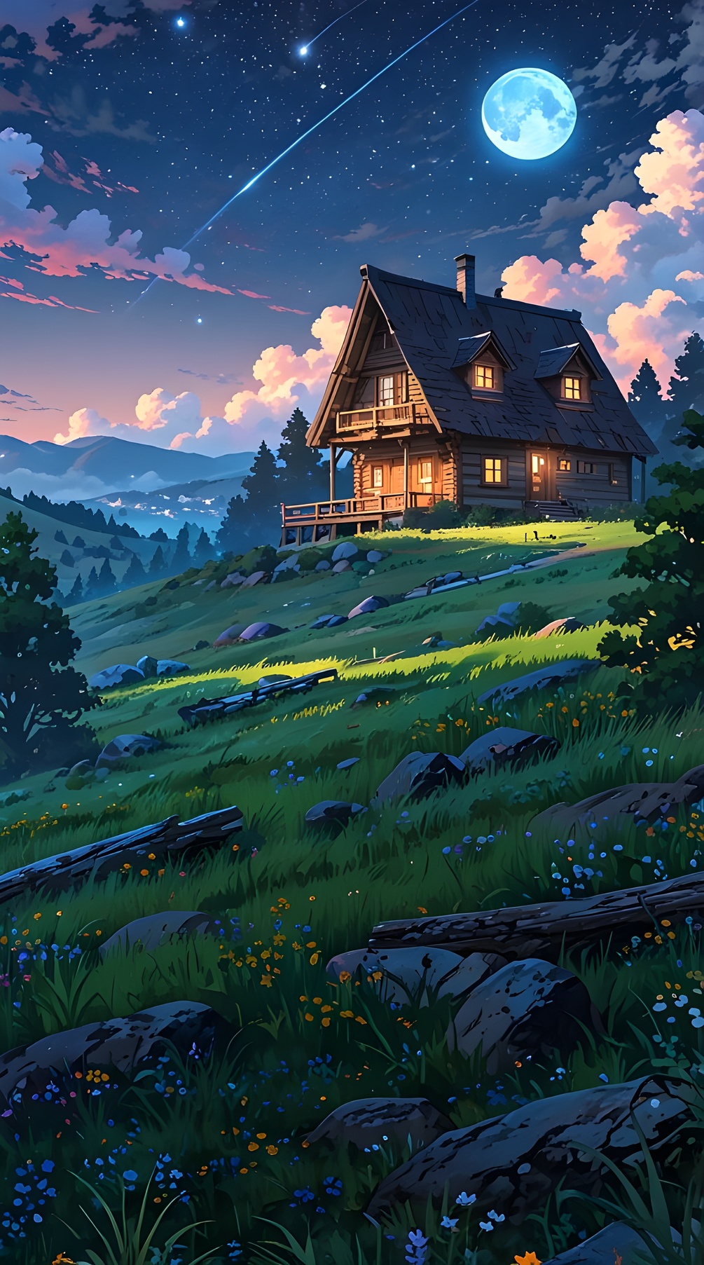 Cozy Cabin Under the Moonlit Sky | Animated Wallpaper