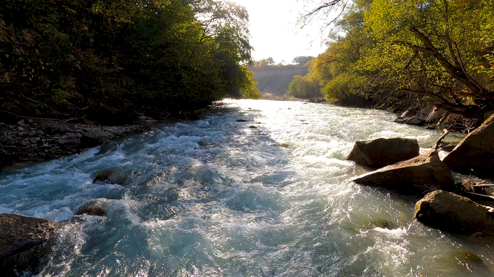 Autumn landscape on a Mountain River and Relaxing Noise of a River Stream