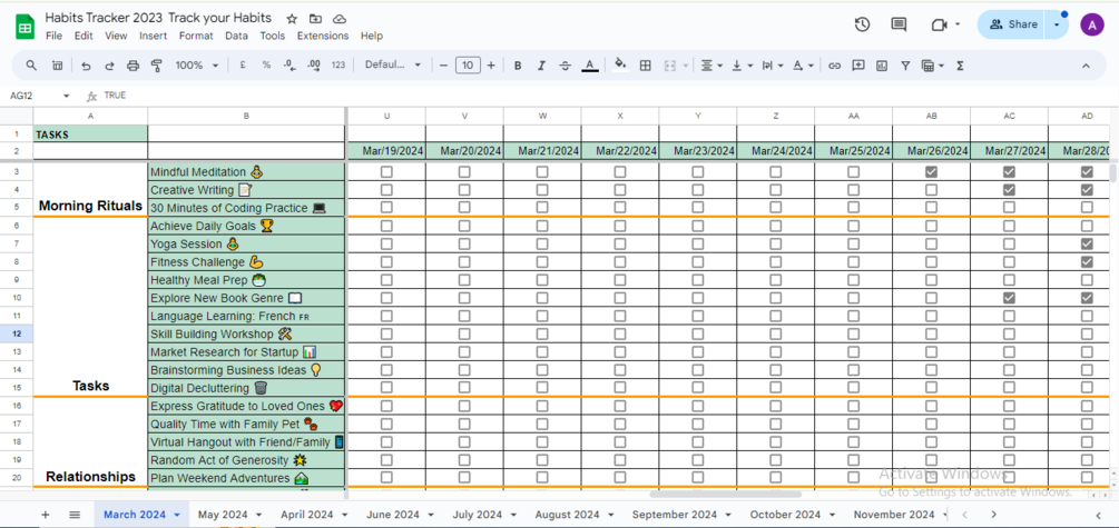 Habits Tracker (Track your Habits)-Interactive Google Sheets Template
