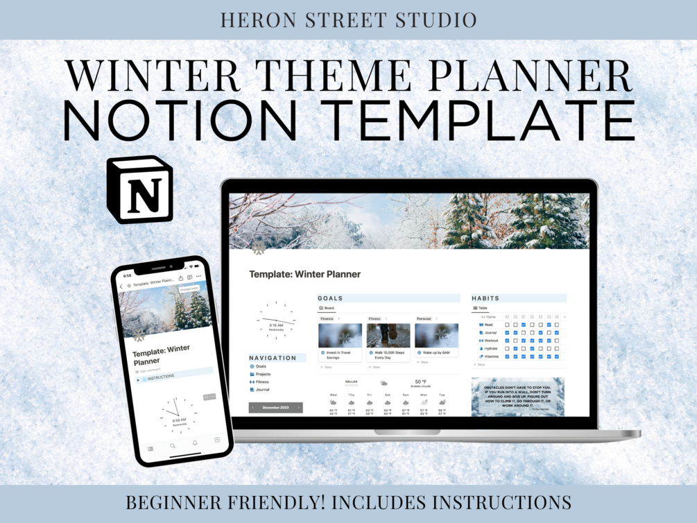 Winter Theme Aesthetic Notion Weekly Planner Template with Daily To-Do ...