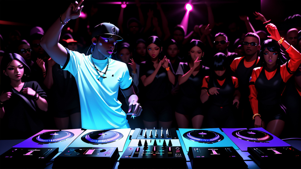 AMAZING RAP PARTY DJ GUY DJ DJ STAGE INDOOR VIBRANT DJ SET COLORFUL