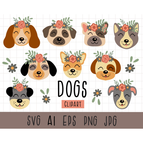 Cute Dogs Clipart, Dog Flower Crown svg, Dog face svg, Dog Head clipart ...