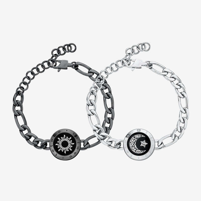 Sun & Moon Touch Bracelets with Figaro Chain (Black+Silver)
