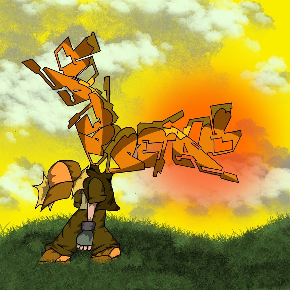 graffiti tree-like figure at sunset