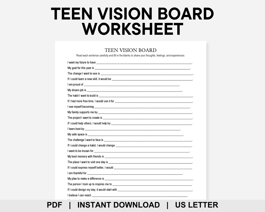 Teen Vision Board Worksheet, New Years Resolutions, Dream Board, Goal ...