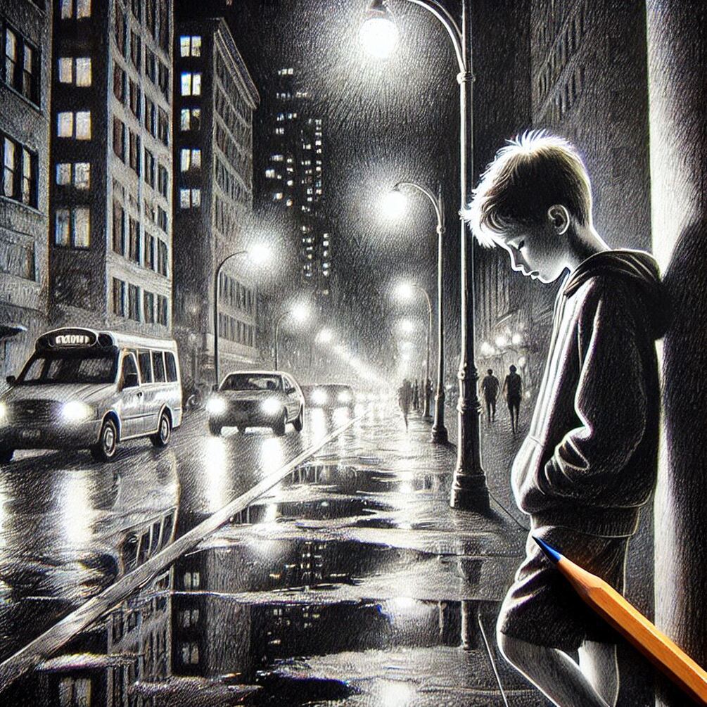 ️🌙 Solitude in the Night: A Pencil Drawing of Urban Reflection 🌆💭