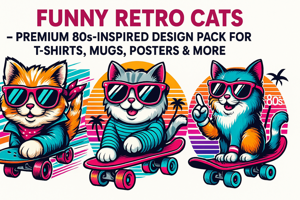 Funny Retro Cats – Premium 80s-Inspired Design Pack for T-Shirts, Mugs ...