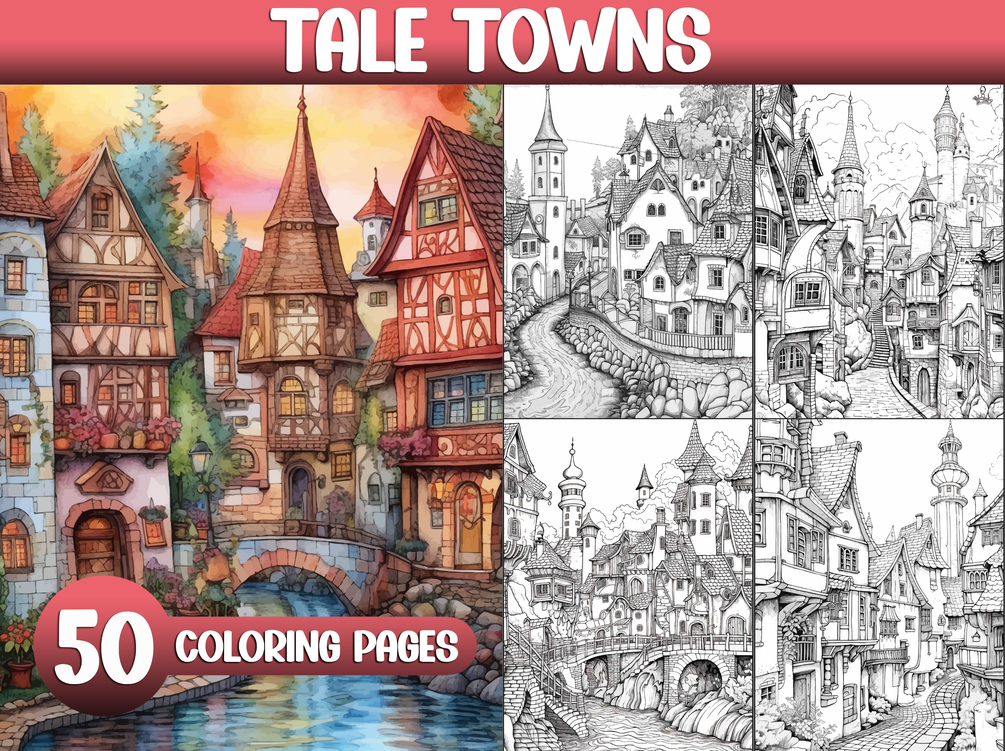 Tale Towns Grayscale Coloring Pages Printable for Adults, PDF File ...