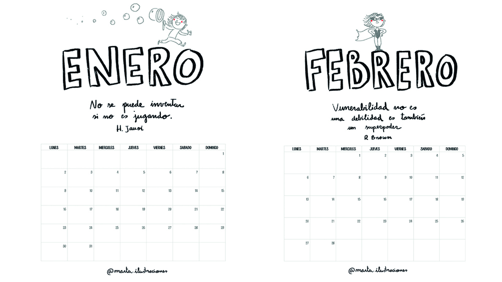 Calendario ilustrado 2023 para imprimir, colorear y anotar.