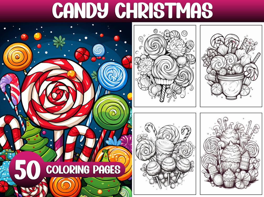 Candy Christmas Grayscale Coloring Pages Printable for Adults, PDF File ...