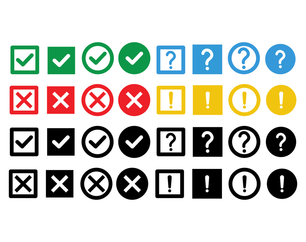 Green check and red cross symbols, blue question mark and yellow ...