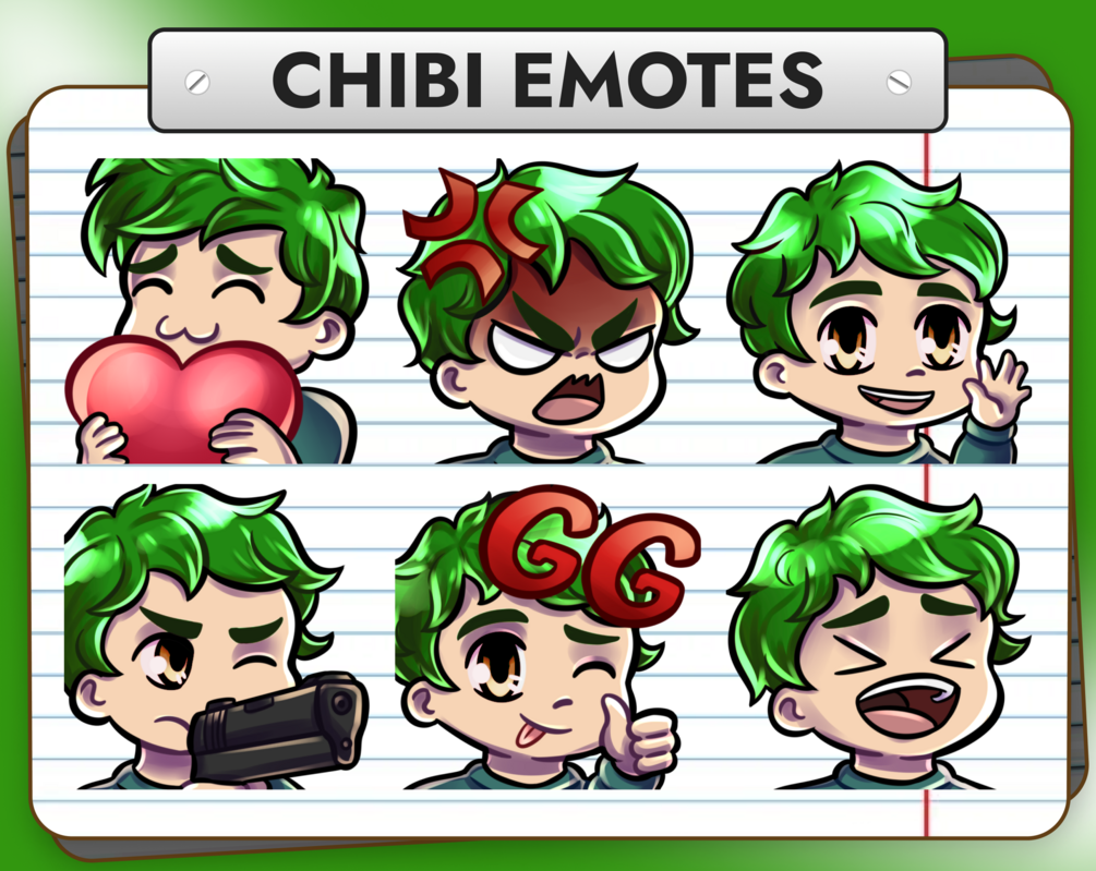 12 Green Hair Chibi Boy Emotes / Brown Eyes