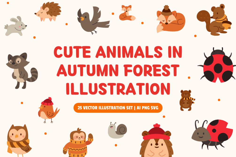 Cute Animals in Autumn Forest Set