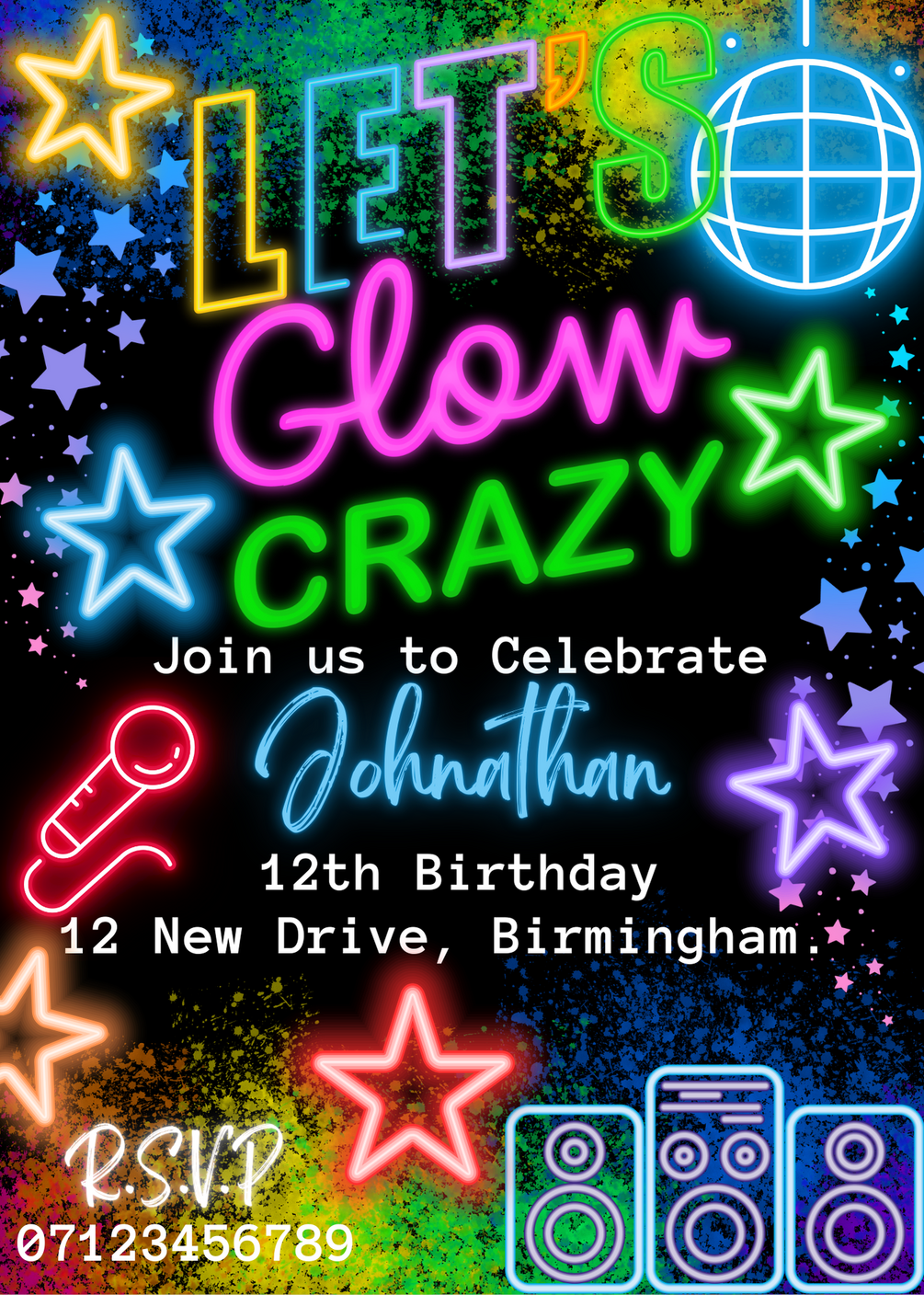 Let's Glow Crazy Neon Birthday Party Invite