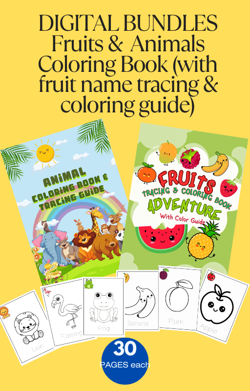 Animals & Fruits Coloring Book with Tracing Guide - Bundle of 2