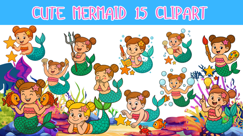 Cute Mermaid Clipart Set – 15 Color & 15 Black & White Illustrations ...