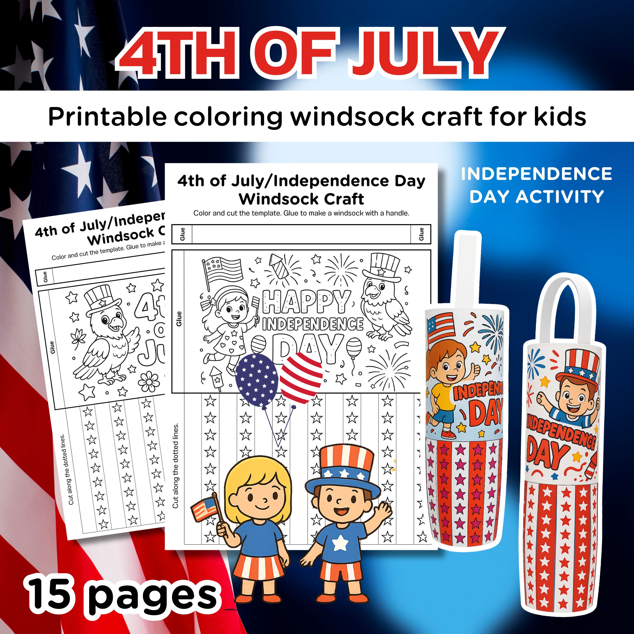 4th of July Windsock Craft for Kids, Independence Day Coloring Activity ...