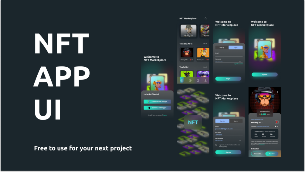 NFT mobile app UI screens