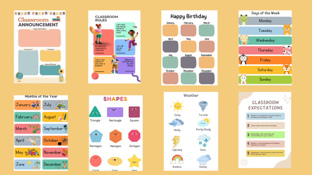 School supply Classroom poster set of 8 prints